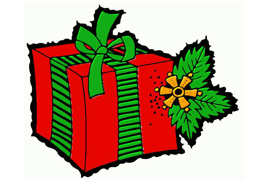 Clipart av julklapp med ett grönt band och en kvist med bär