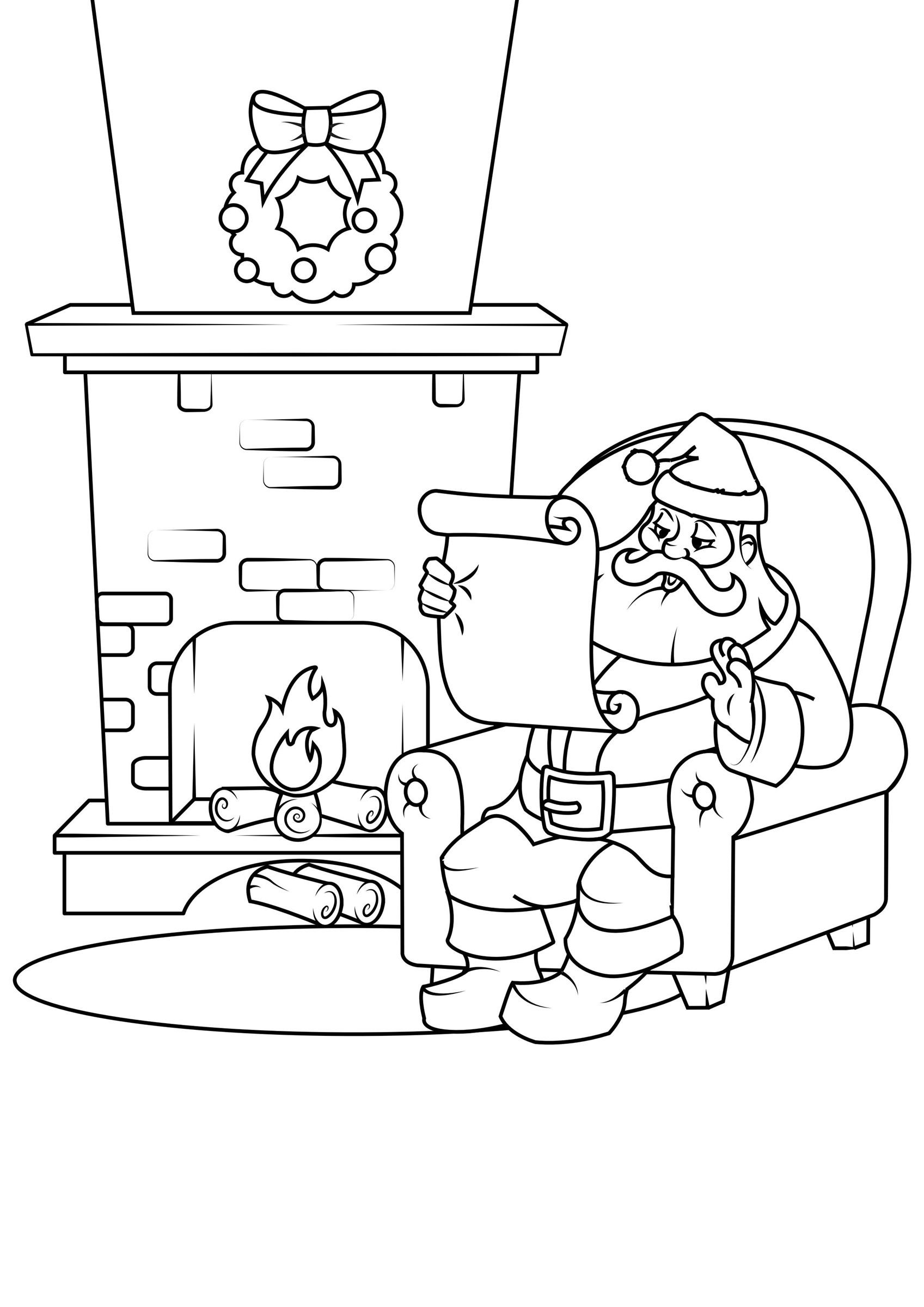 Malarbild av jultomte med ram som sitter i en stol och håller en rulle ...
